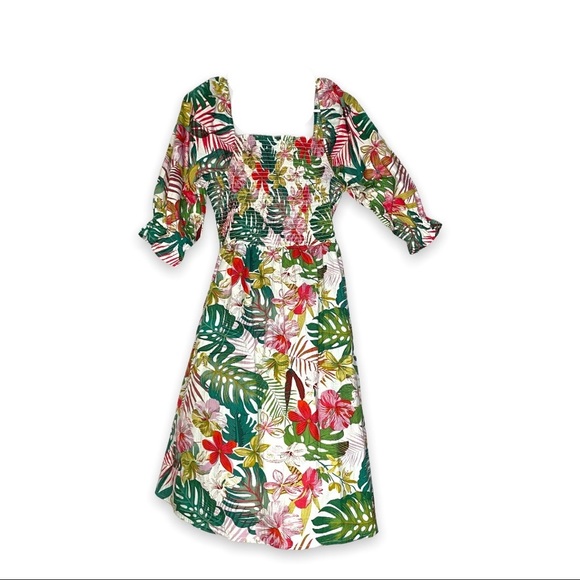 J Gee | Dresses | Tropical Floral Monstera Print Dress Puff Sleeve ...